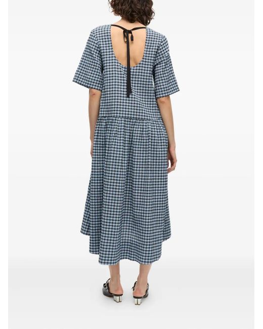 Ganni Checked Seersucker Midi Dress in Blue | Lyst