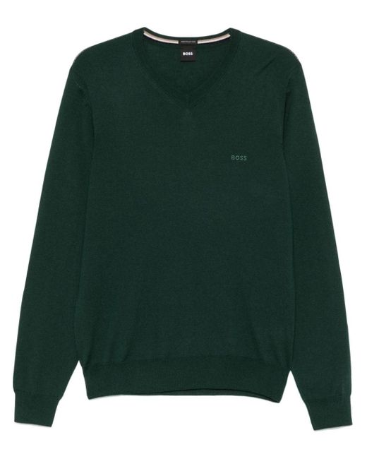 BOSS Logo-Embroidered Virgin Wool Polo Shirt in Green for Men | Lyst