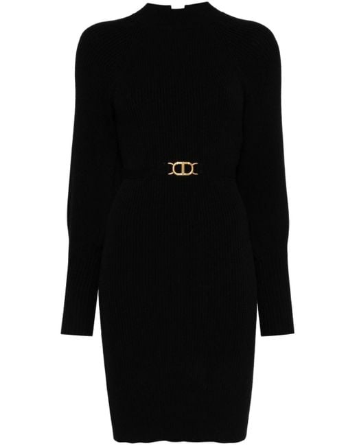 Twin Set Belted Ribbed-Knit Mini Dress in Black | Lyst