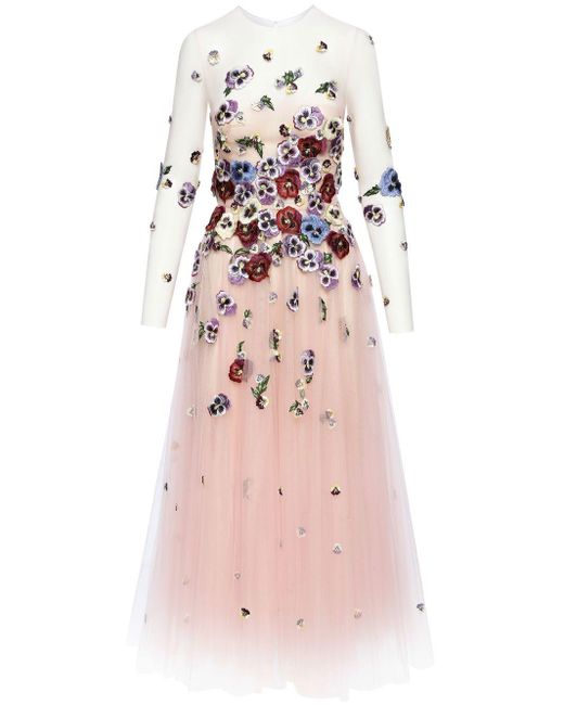 Oscar De La Renta Floral Appliqué Tulle Gown In Pink Lyst