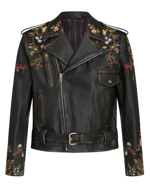 Etro Floral-Embroidery Leather Biker Jacket in Black for Men | Lyst