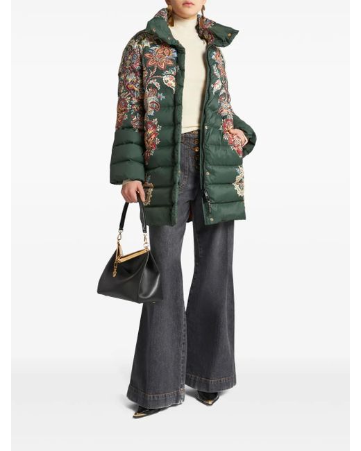 Etro Paisley-Print Zip-Up Puffer Coat in Green | Lyst