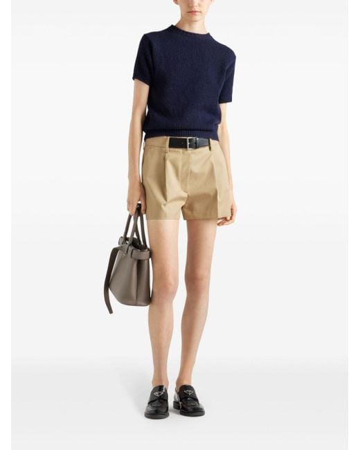 Prada Belted Twill Shorts in Natural | Lyst