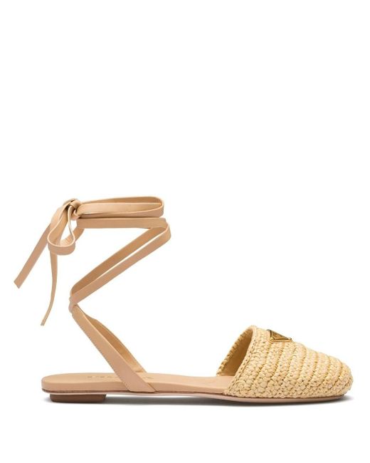 Prada Logo-plaque Woven-raffia Sandals in Metallic | Lyst Australia