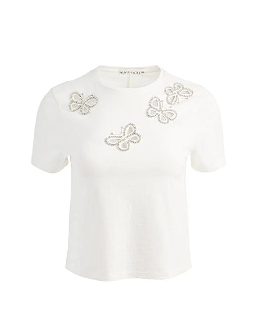 Alice + Olivia Crystal-Embellished Cutout T-Shirt in White | Lyst UK