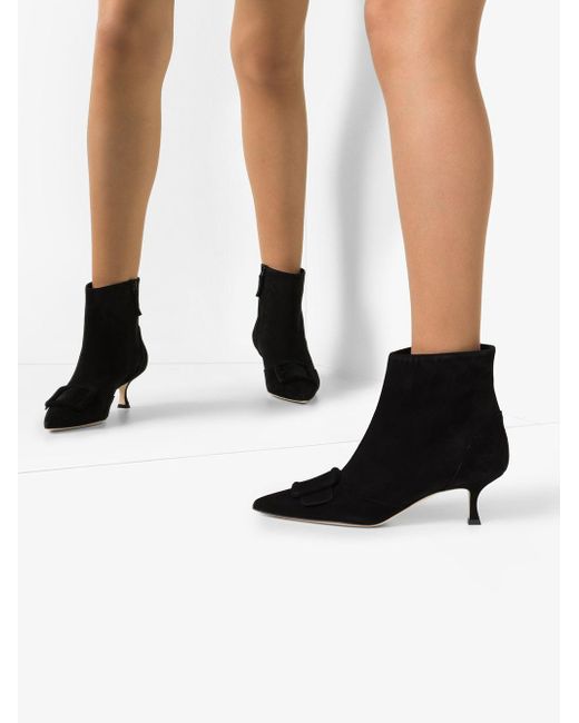 Manolo Blahnik Baylow Tonal Buckle Ankle Boots in Black | Lyst
