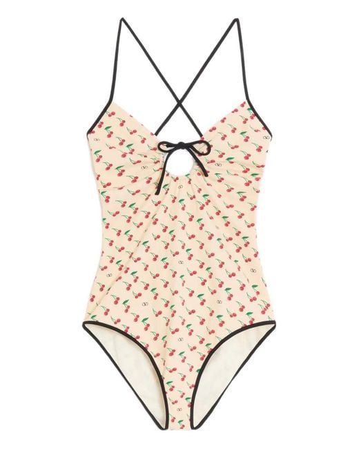 Valentino Garavani Cherryfic Cherry Pattern Swimsuit in Natural | Lyst UK