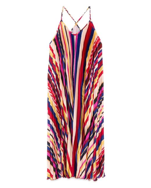 FARM Rio Diagonal-Stripes Pleated Midi Dress in Red | Lyst