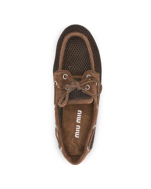Miu Miu Eyelet Tie Loafers in Brown | Lyst UK