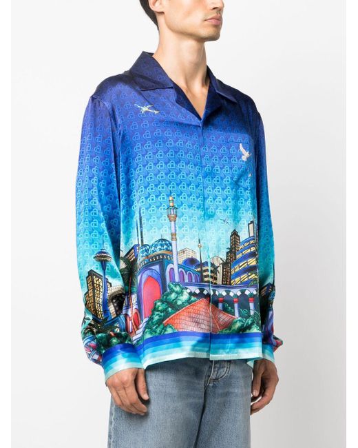 CASABLANCA Cuban-Collar Silk Shirt in Blue for Men | Lyst