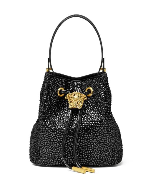 Versace La Medusa Crystal-Embellished Mini Bucket Bag in Black | Lyst