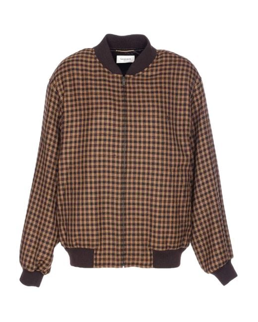 Saint Laurent Cassandre Checked Bomber Jacket in Brown | Lyst UK