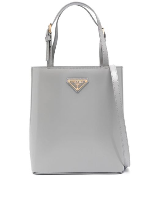 Prada Triangle=Logo Leather Bucket Bag in Gray | Lyst