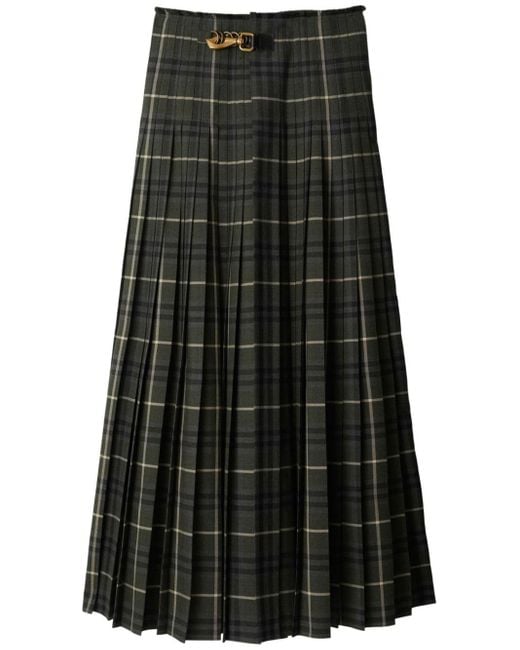 Burberry Pleated Check Midi Skirt in Black | Lyst