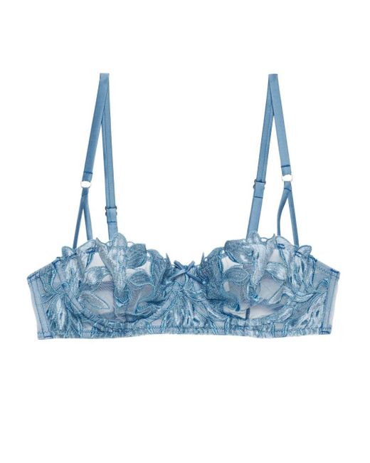 Fleur du Mal Velvet Lily Embroidered Balconette Bra in Blue | Lyst