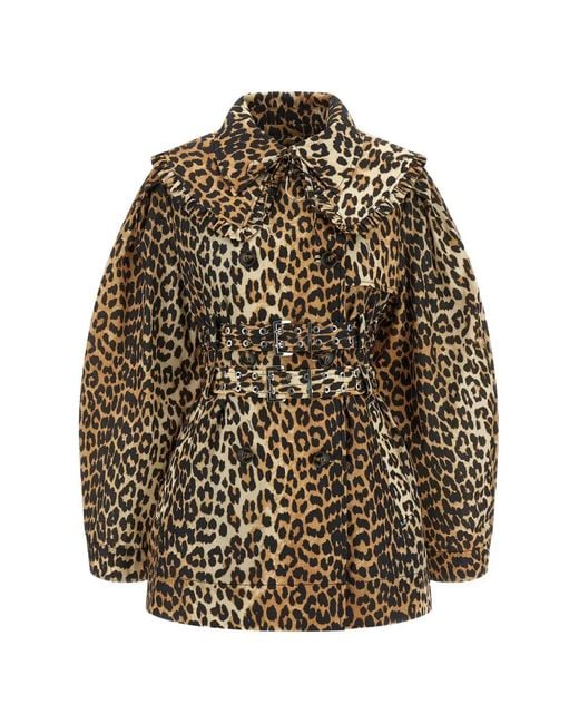 Ganni Ruffle Leopard Trench Coat in Brown | Lyst UK