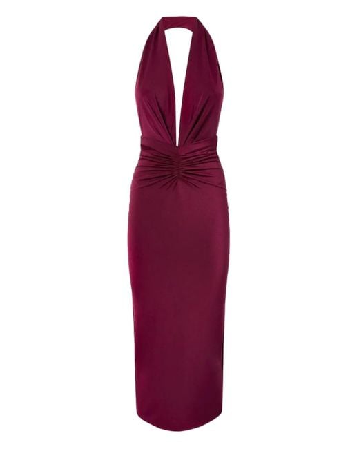 ANDAMANE Zendaya Halterneck Ruched Midi Dress in Purple | Lyst UK
