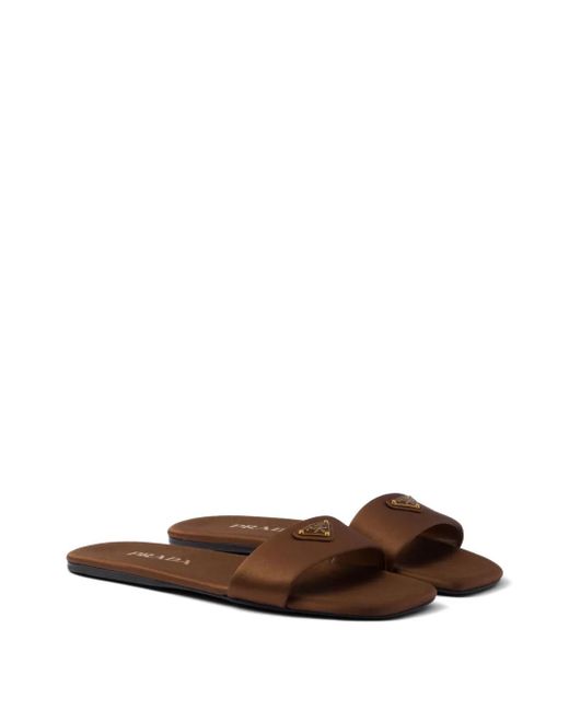 Prada Triangle-Logo Satin Slides in Brown | Lyst
