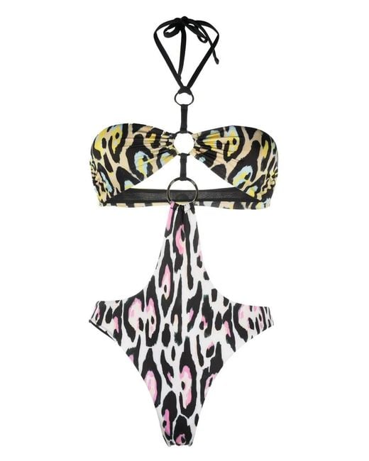 Roberto Cavalli Leopard-Print Cut-Out Swimsuit in White | Lyst UK