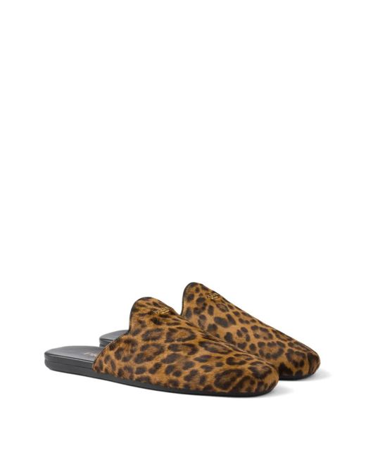 Prada Leopard-Print Leather Mules in Brown | Lyst