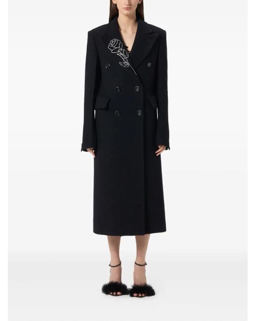 Blumarine Double-Breasted Floral-Embroidered Coat in Black | Lyst
