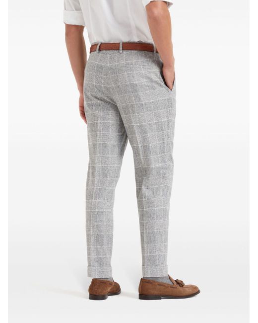 Brunello Cucinelli Prince Of Wales Check Tapered Trousers in Gray for Men | Lyst