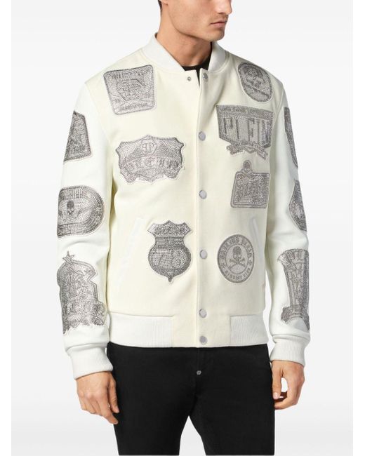Philipp Plein Crystal College Bomber Jacket in White for Men | Lyst
