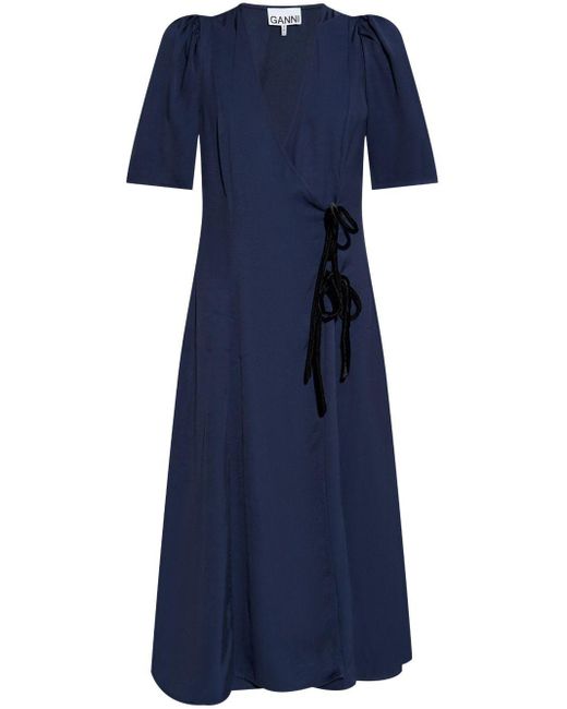 Ganni Wrap Twill Midi Dress in Blue | Lyst