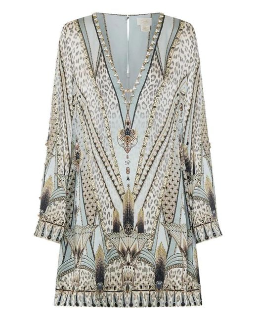 CAMILLA Crystal-Embellished Printed Mini Dress in Grey | Lyst UK
