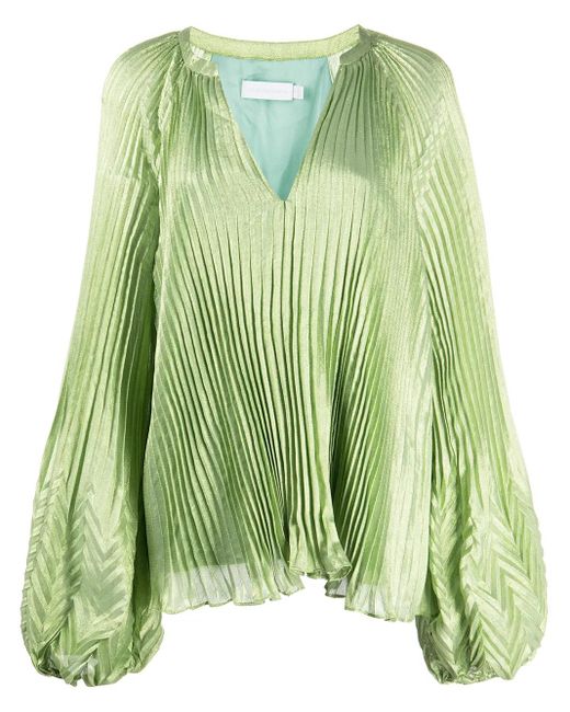 Jonathan Simkhai Silk-Blend V-Neck Pleated Top in Green | Lyst UK