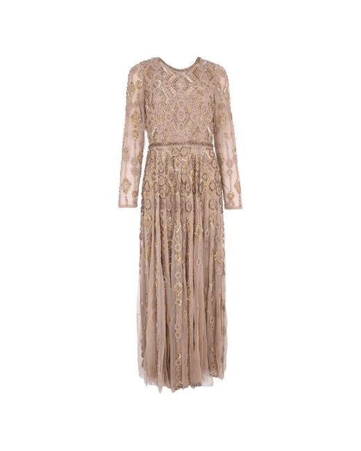 Mac Duggal Long-Sleeve Embellished Dress in Natural | Lyst UK