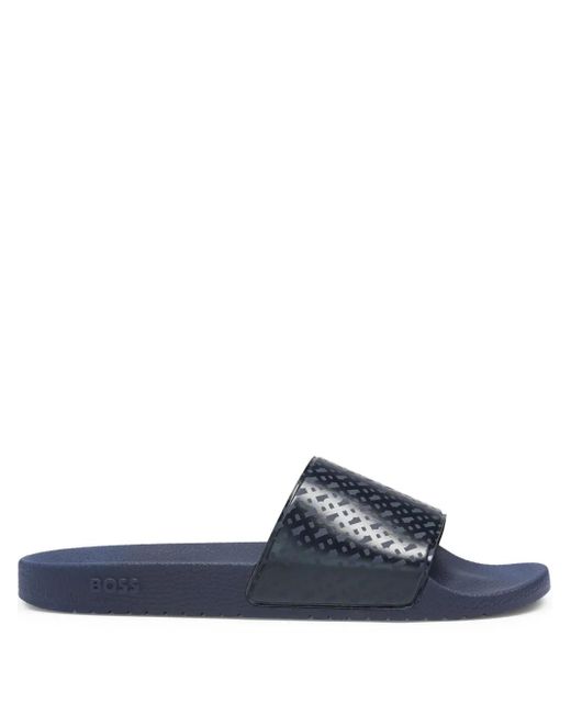 BOSS Monogram-Print Slides in Blue for Men | Lyst