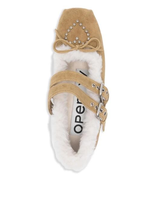 OPEN YY Shearling Heart-Stud Ballet Flats in Natural | Lyst UK