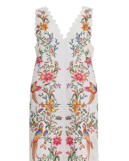 FARM Rio Delicate Forest Scalloped-Hem Bird-Print Maxi Dress in White ...