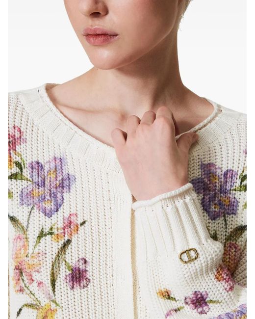 Twin Set Floral-Print Cardigan in White | Lyst
