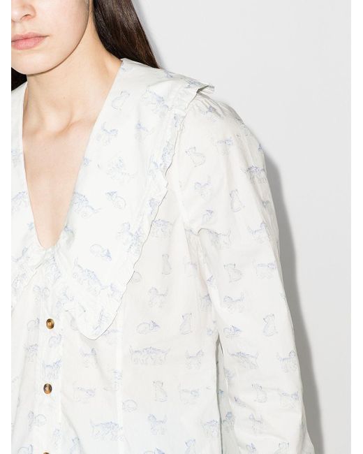 Ganni Cat-print Bib-collar Shirt In White Lyst Canada