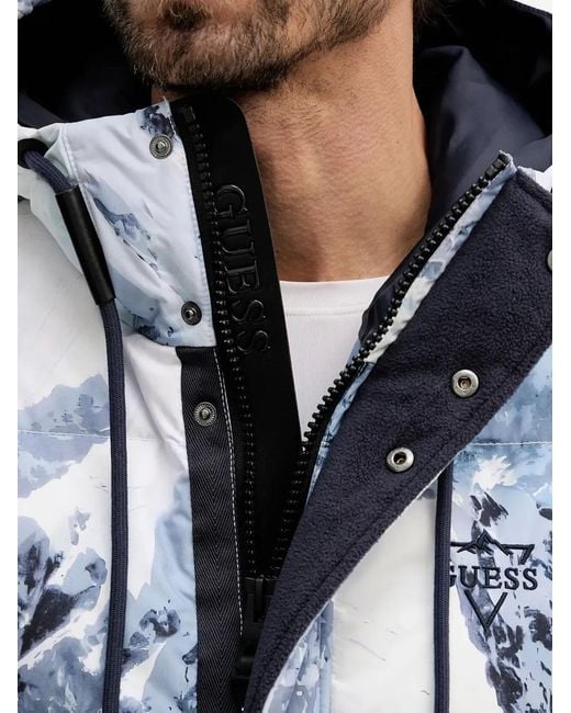 Guess Hooded Print Coat in Blue for Men | Lyst UK