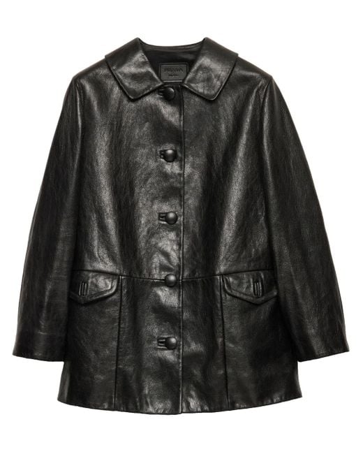 Prada Button-Up Leather Jacket in Black | Lyst
