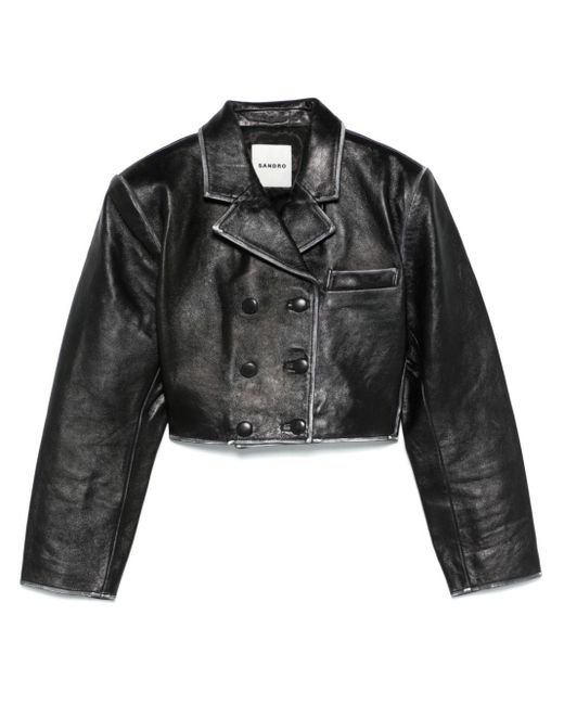 Sandro Cropped Leather Jacket in Black | Lyst