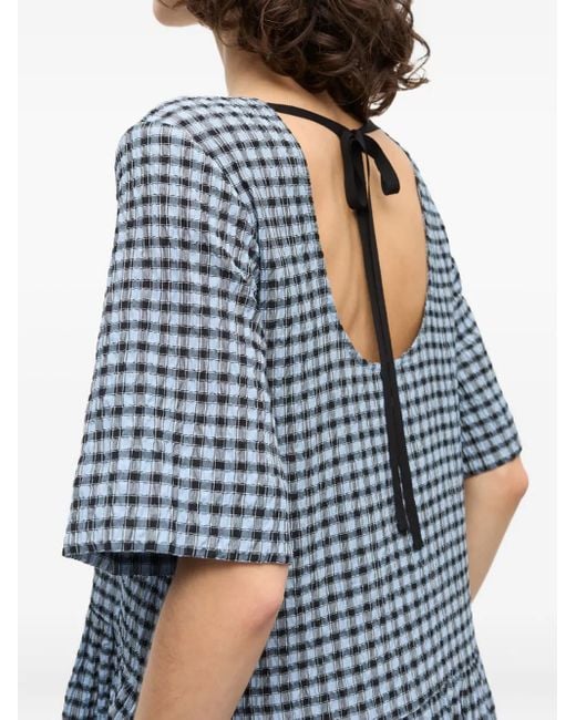 Ganni Checked Seersucker Midi Dress in Blue | Lyst