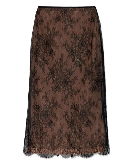 Self-Portrait Lace-Overlay Skirt in Brown | Lyst