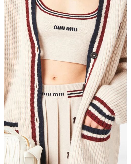Miu Miu Stripe-Detail V-Neck Cardigan in Natural | Lyst Miu Miu Stripe-Detail V-Neck Cardigan in Natural | Lyst
