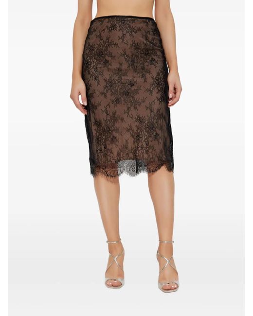 Self-Portrait Lace-Overlay Skirt in Brown | Lyst