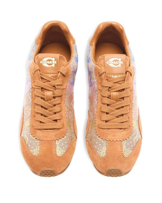 COACH Crystal-Embellished Panelled Sneakers in Brown | Lyst