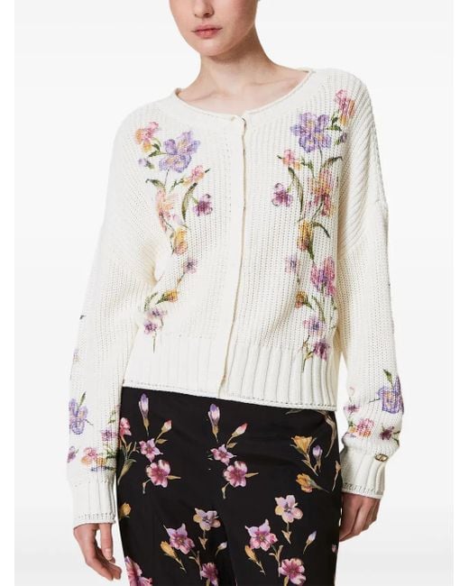 Twin Set Floral-Print Cardigan in White | Lyst