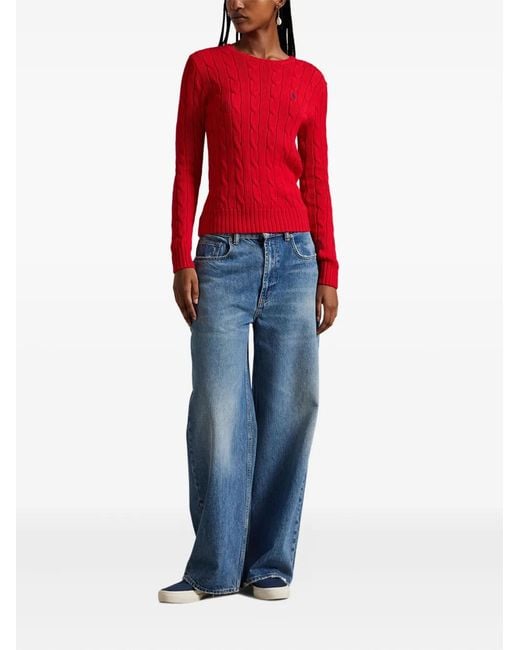 Polo Ralph Lauren Cable-Knit Crew-Neck Sweater in Red | Lyst