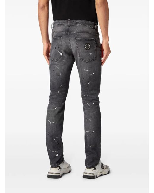 Philipp Plein Paint-Splatter Slim-Fit Jeans in Gray for Men | Lyst