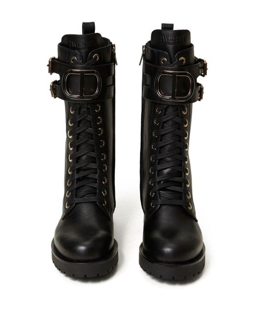Twin Set Oval T Leather Combat Boots in Black | Lyst