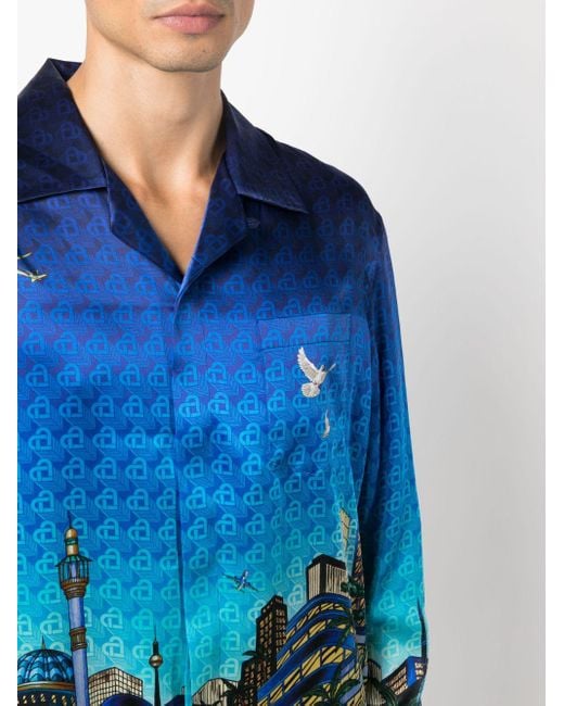 CASABLANCA Cuban-Collar Silk Shirt in Blue for Men | Lyst