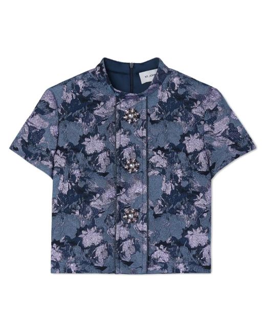 St. John Floral-Print Metallic Top in Blue | Lyst